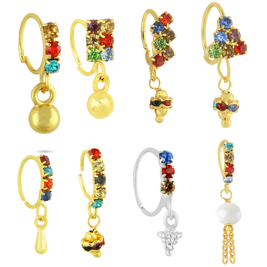 Set of 8 Colorful Dangling Nose Rings – Indian Goddess Boutique llc